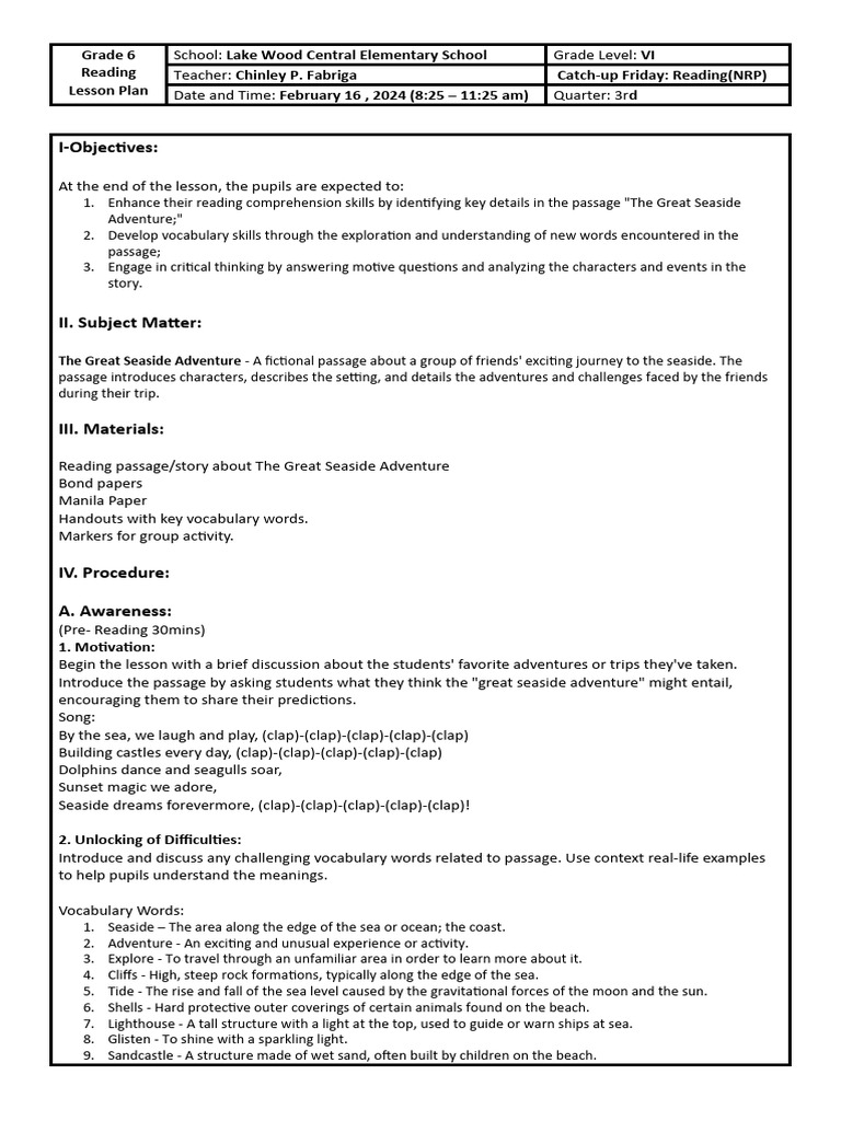 LP The Great SEaside Adventure Feb 2 | PDF | Reading Comprehension