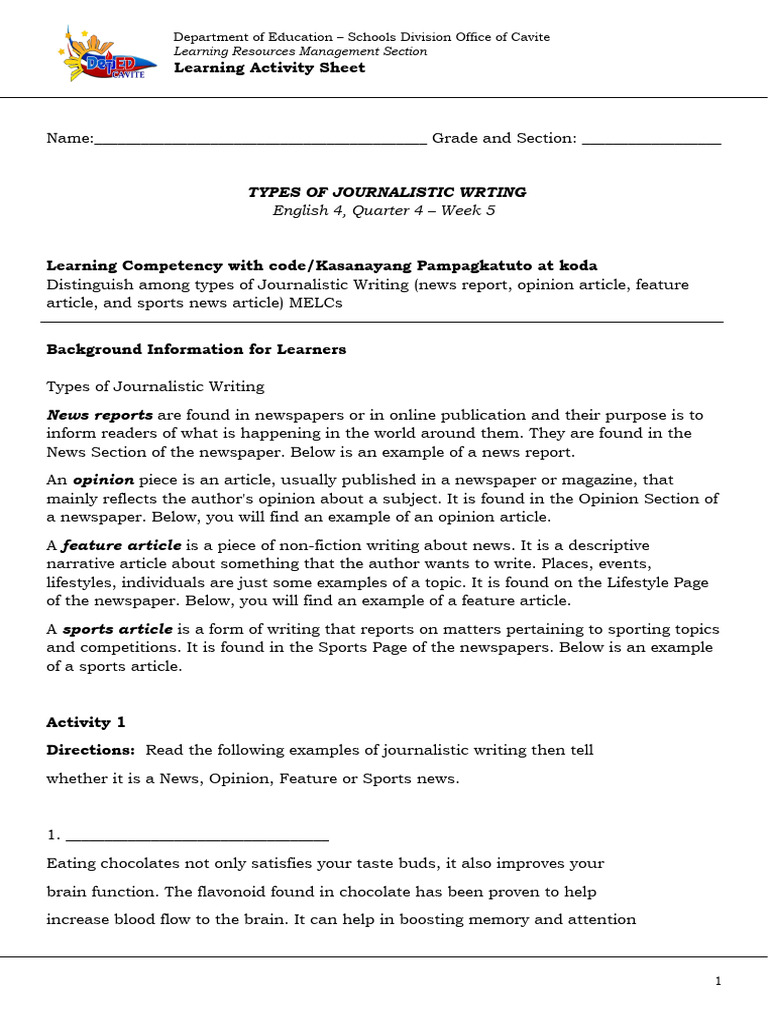 Las English 4 - Types of Journalistic Writing | PDF | Newspapers | News