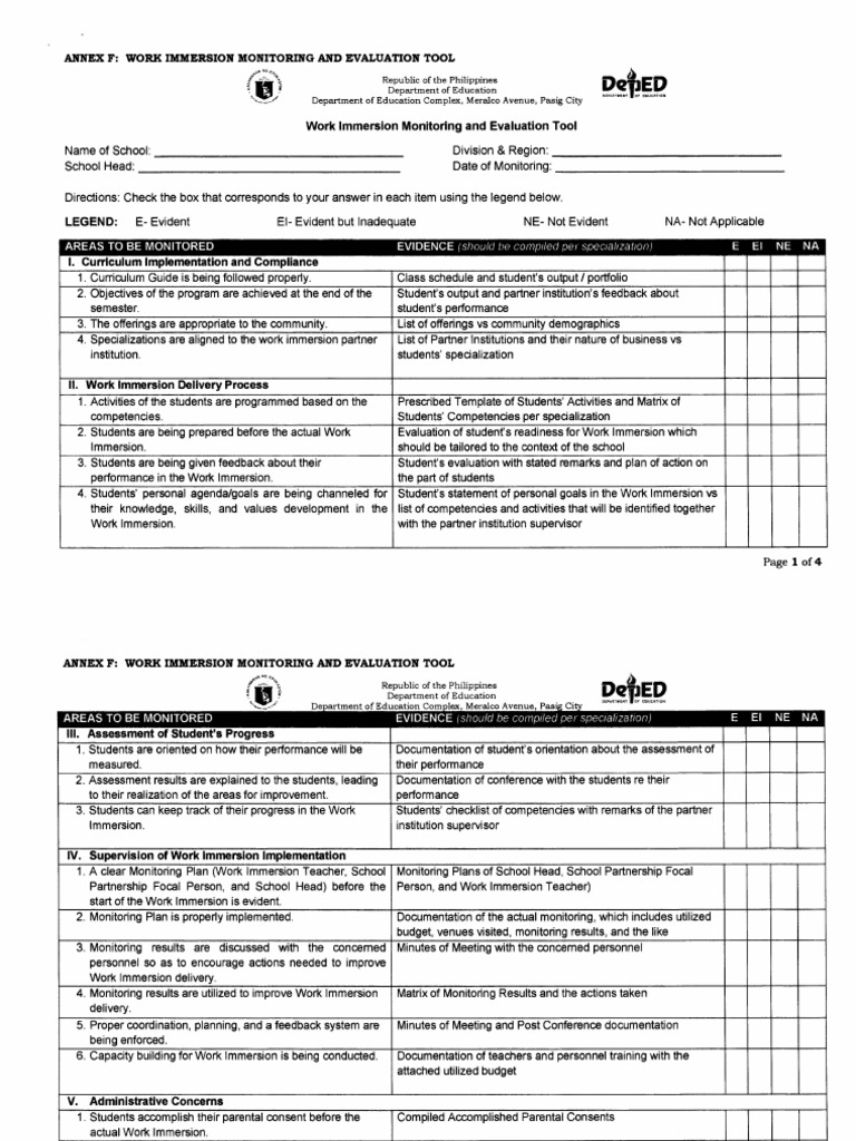 Annex F - Work Immersion Monitoring and Evaluation Toools | PDF