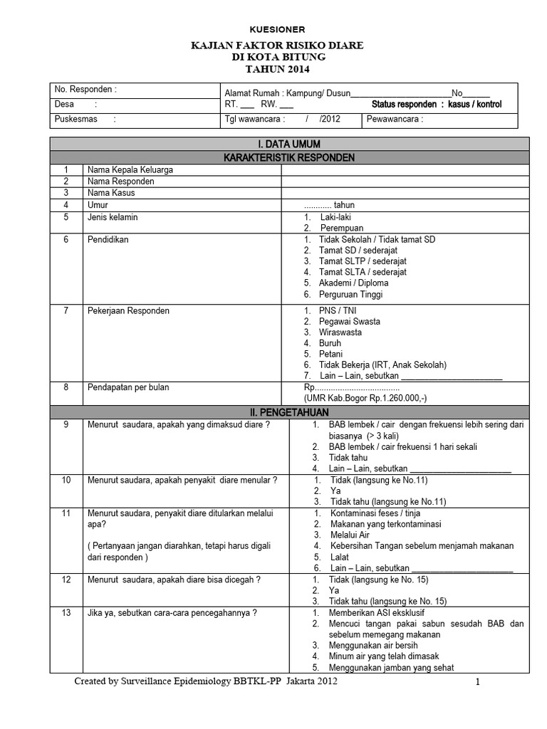 KUESIONER DIARE Bitung 2014 | PDF