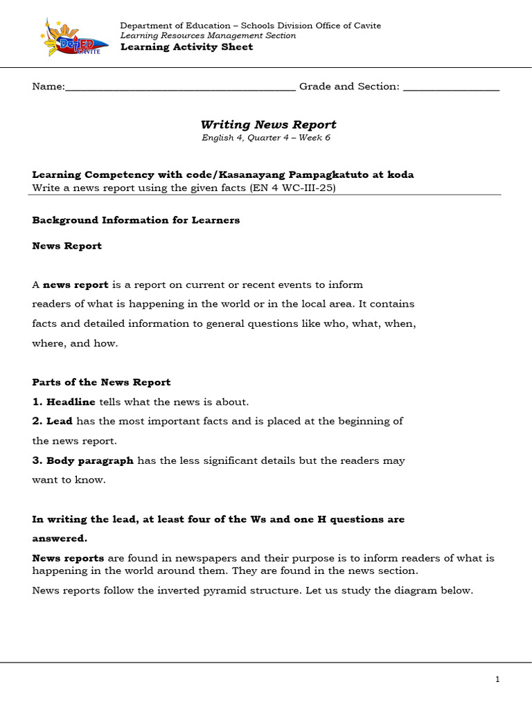 Writing News Reports for Grade 4 | PDF | News