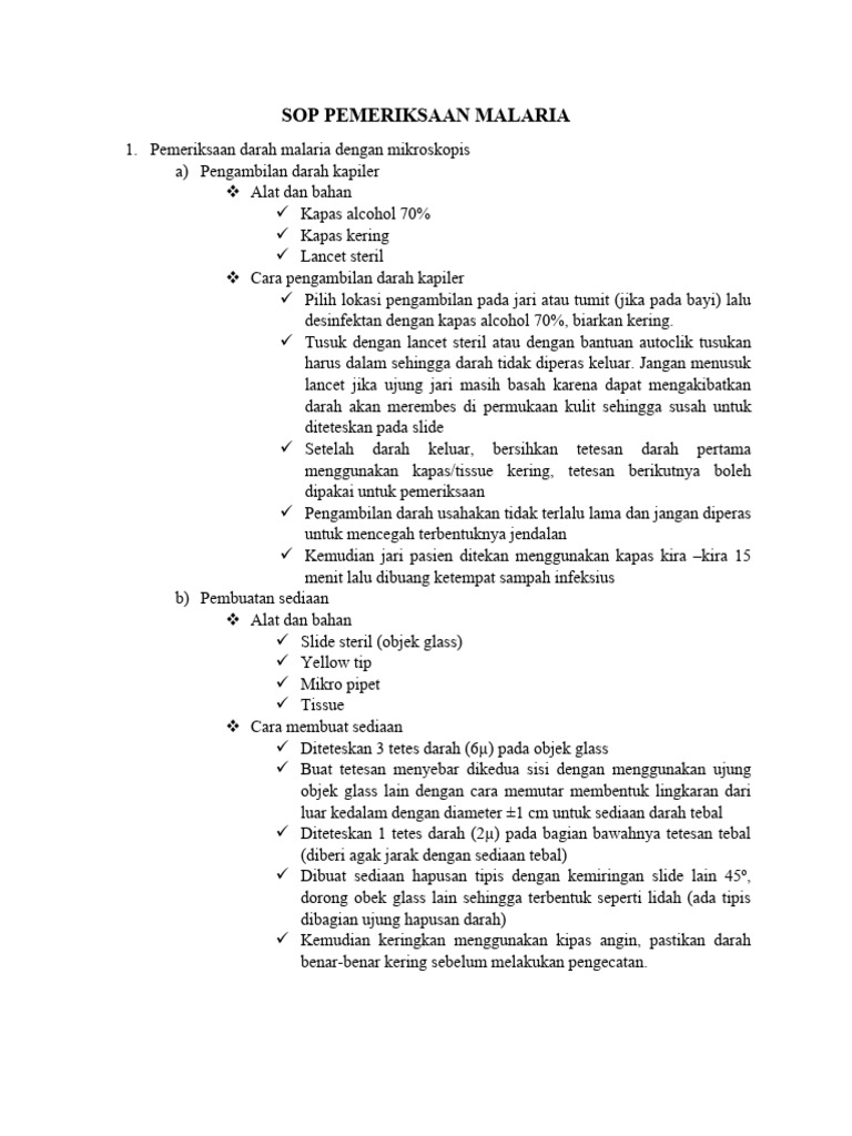 Sop Pemeriksaan Malaria | PDF