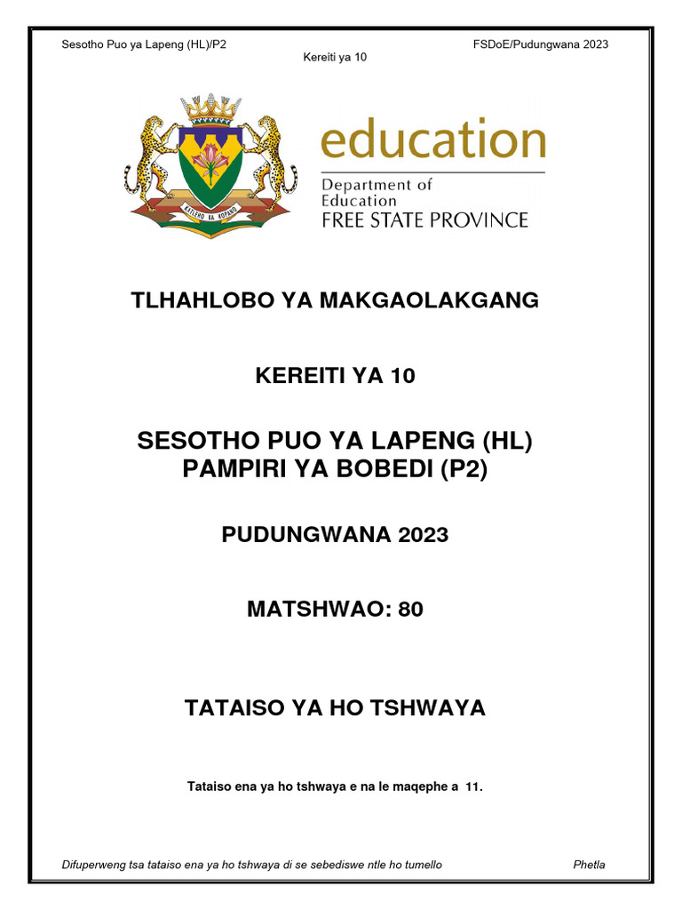 Grade 10 Sesotho Paper 2 Guidelines | PDF