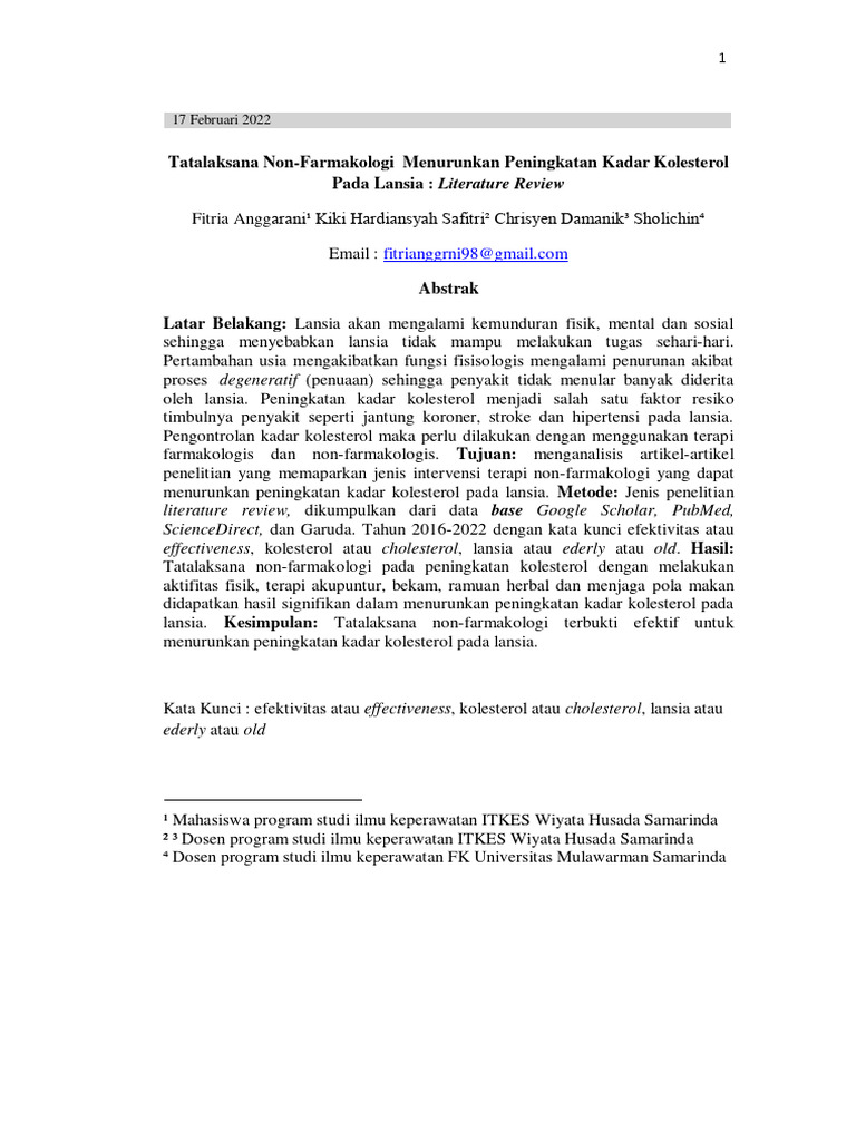 Tatalaksana Non-Farmakologi Menurunkan Peningkatan Kadar Kolesterol Pada Lansia Literature ...