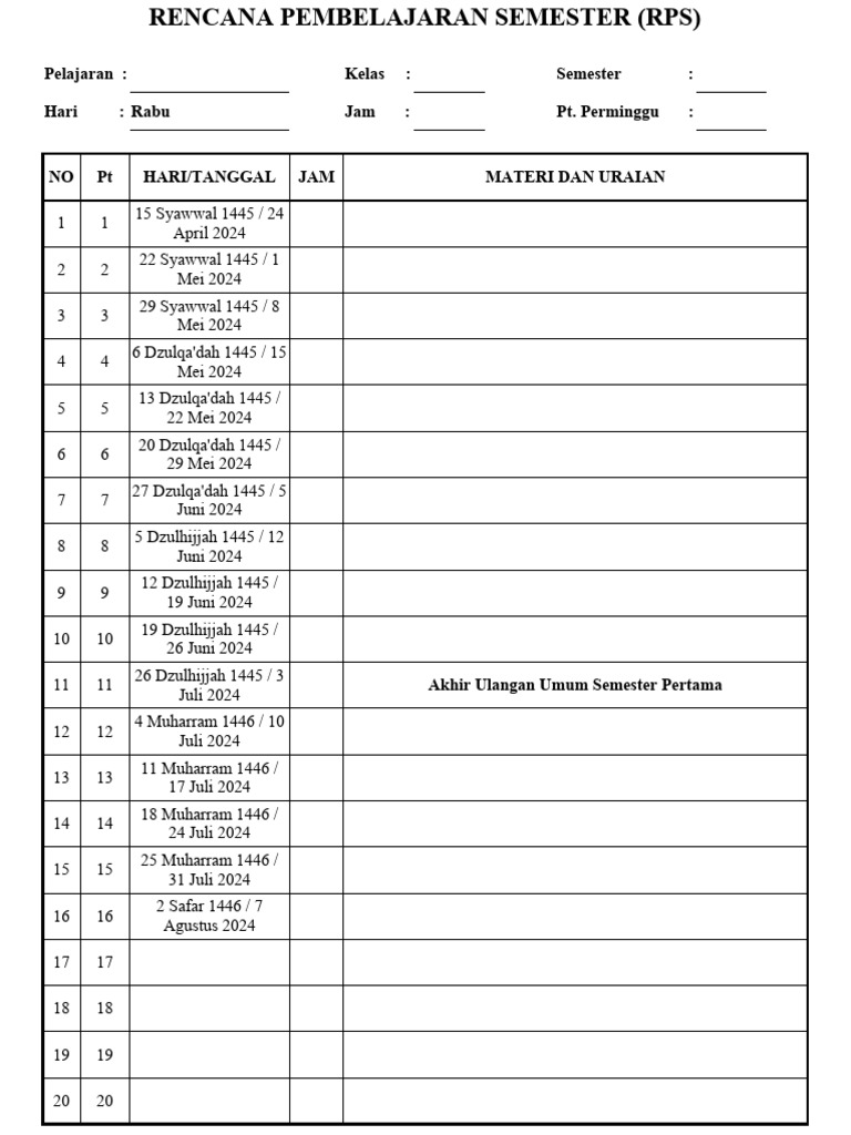 RPS Otomatis Format Excel PC (Siap Print) Sem 1 2024 | PDF