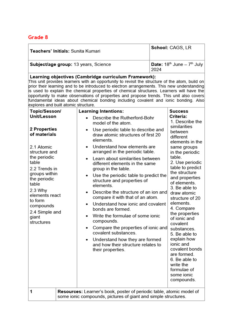 Lesson Plan G8 June-July2 | PDF | Ionic Bonding | Chemical Bond