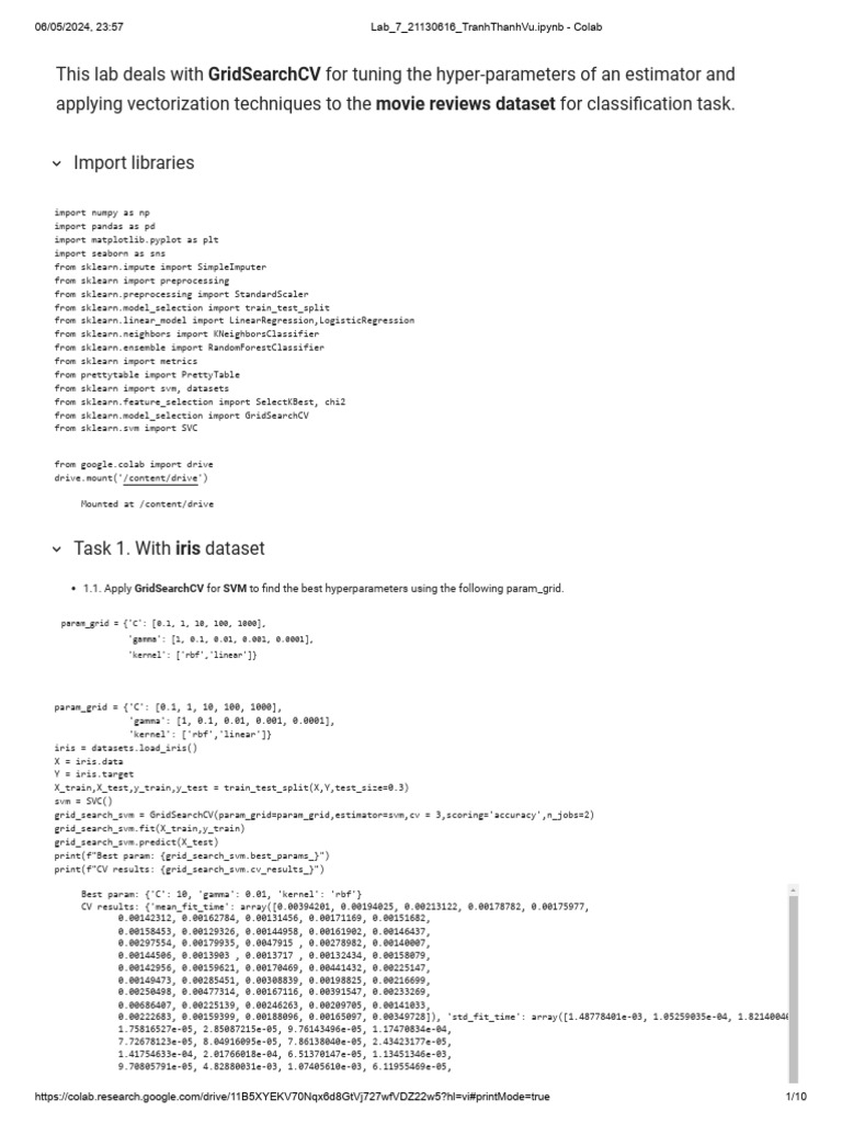 Lab - 7 - 21130616 - TranhThanhVu - Ipynb - Colab | PDF | Support Vector Machine | Applied ...