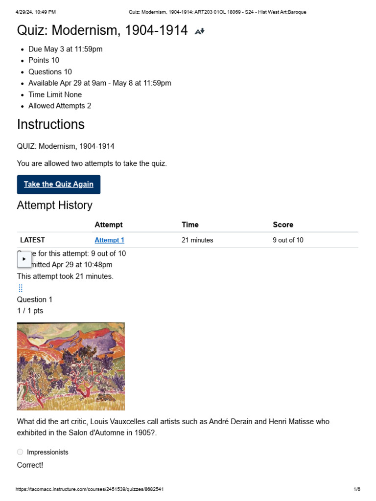 Quiz 4 Modernism, 1904-1914 - ART203 01OL 18069 - S24 - Hist West Art ...