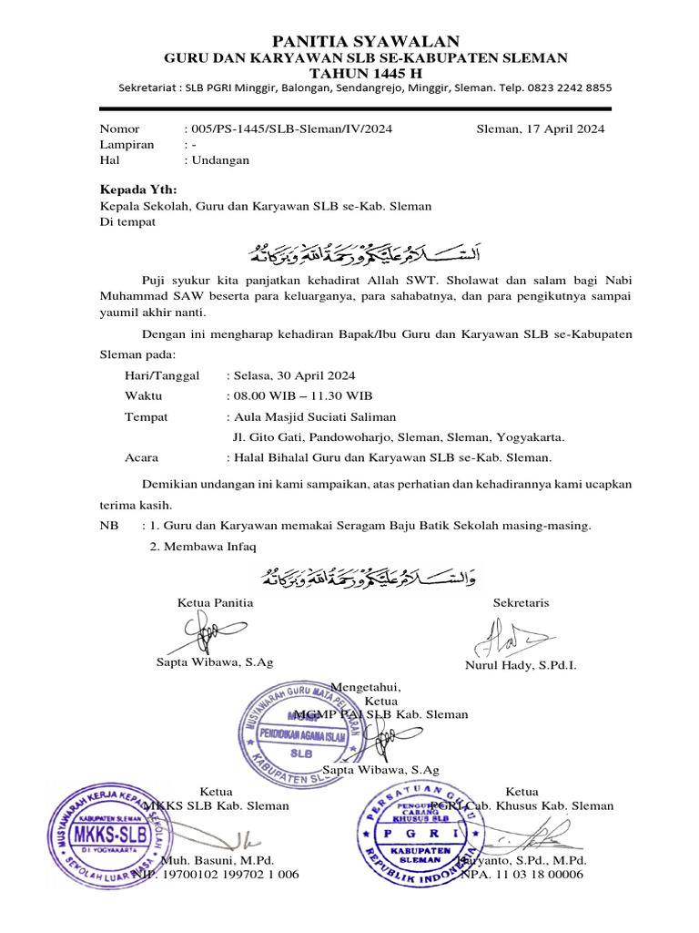 Undangan Syawalan SLB Se-Sleman Tahun 1445 H | PDF | Gaya Hidup