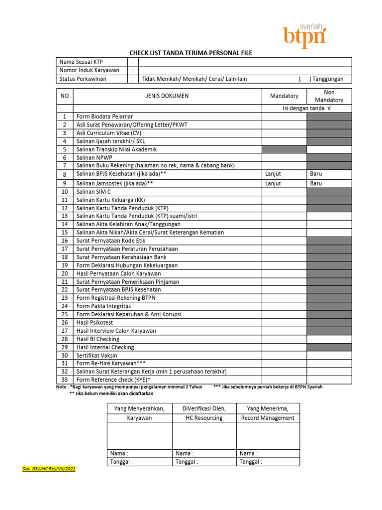 Checklist Personal File Karyawan | PDF