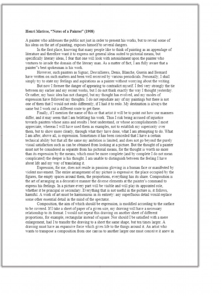 Henri Matisse, Notes of A Painter (1908) - PDF | PDF | Zip (File Format)