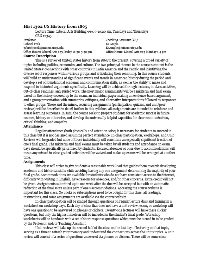 Peek Hist 1302 Syllabus Us History From 1865 Final | PDF | Academic Dishonesty | Americans With ...
