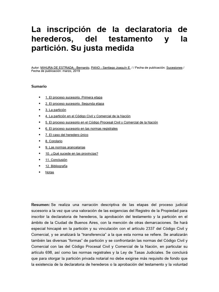 SUCESIONES La Inscripción de La Declaratoria de Herederos | PDF ...