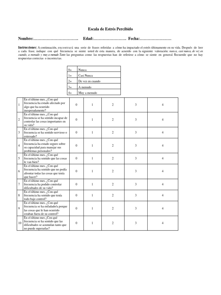 Escala de Estrés Percibido - EEP 10 (Prueba) | Descargar gratis PDF ...