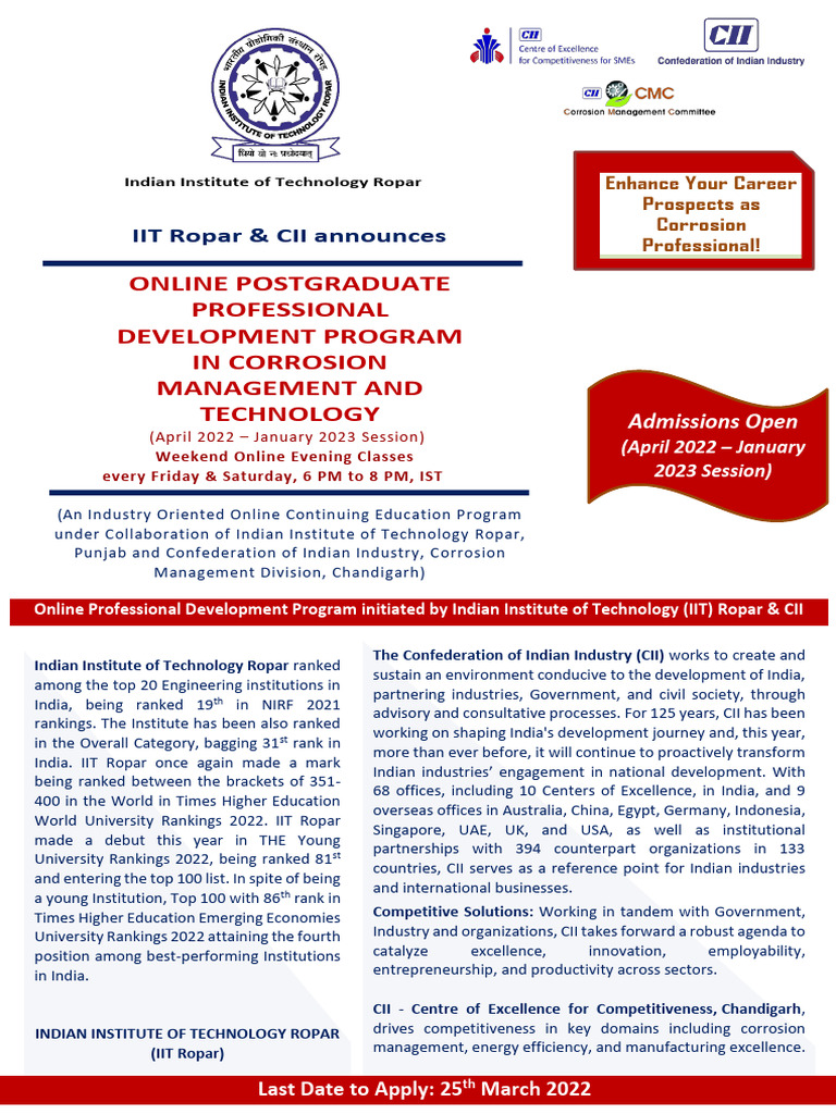 IIT Ropar - CII Online Professional Development Course On Corrosion Management Technology | PDF ...