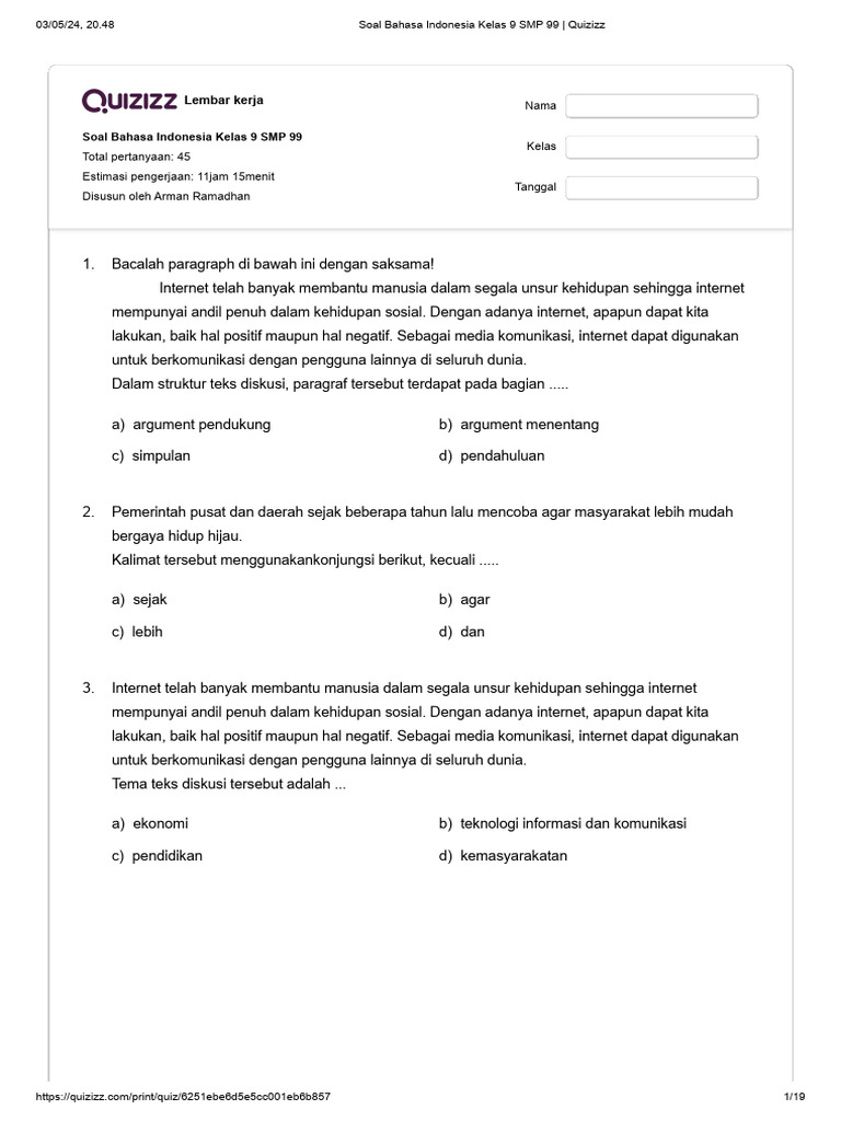 Soal Bahasa Indonesia Kelas 9 SMP 99 - Quizizz | PDF | Ilmu Sosial