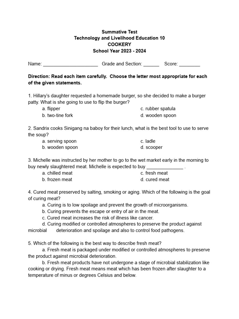 Cookery - 10 - Fourth Exam | PDF | Marination | Grilling