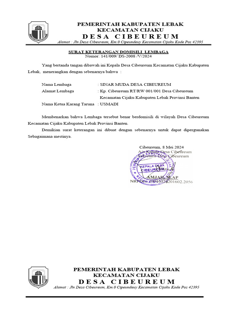 Surat Keterangan Domisili Lembaga Cibeureum | PDF
