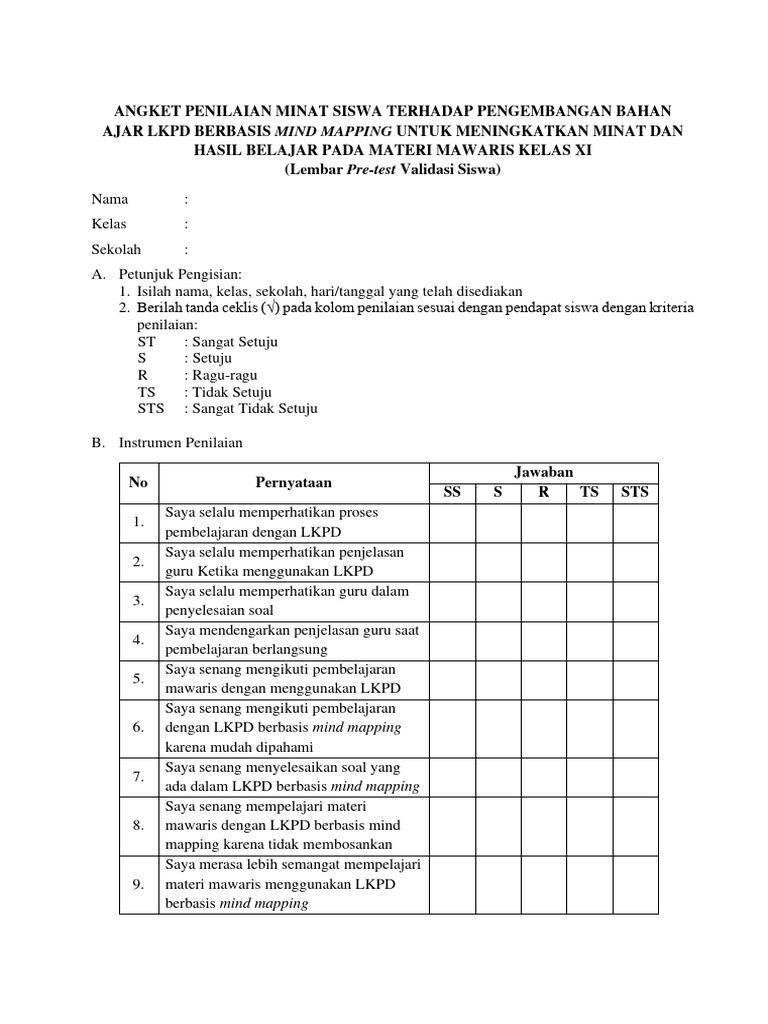 Angket Pretest Post Test | PDF
