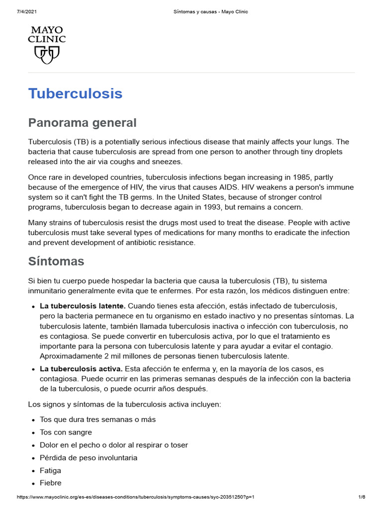 La Tuberculosis Síntomas y Causas - Mayo Clinic | PDF | Tuberculosis ...