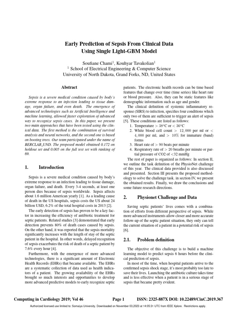 Early Prediction of Sepsis From Clinical Data Using Single Light-GBM Model | PDF | Sepsis ...