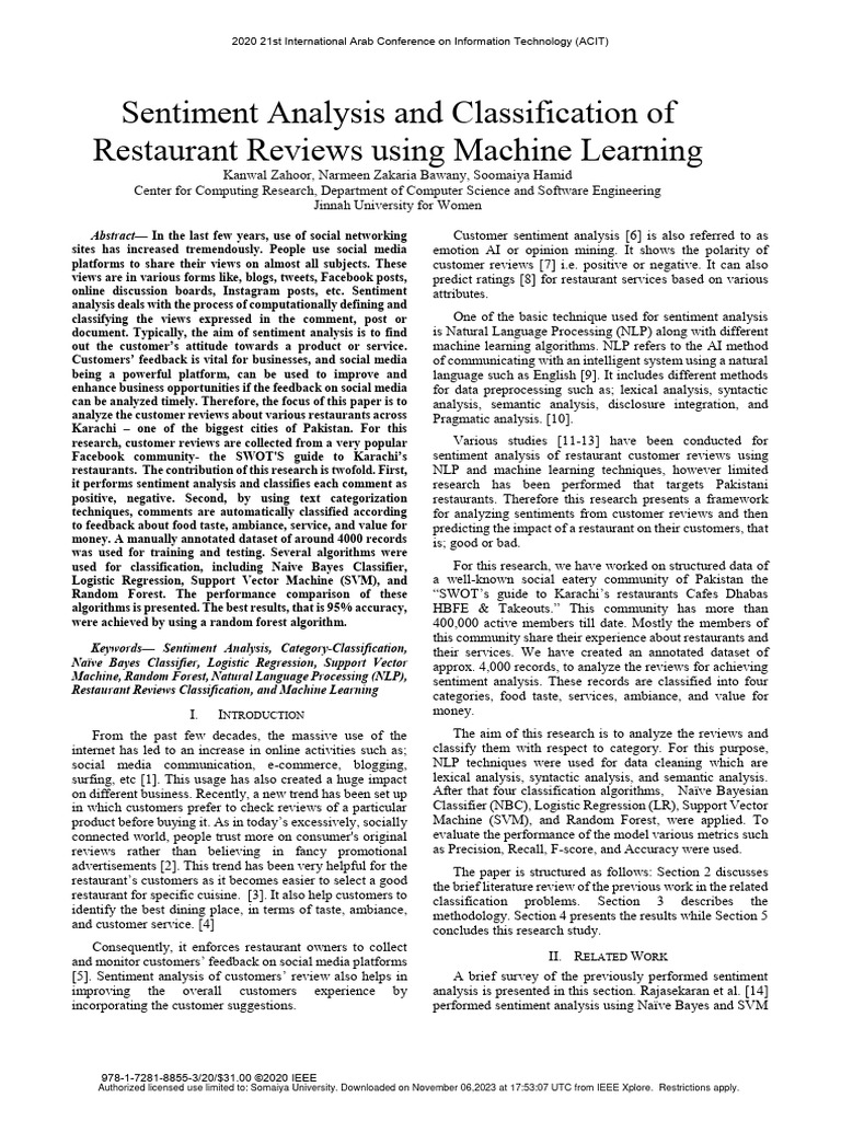 Sentiment Analysis and Classification of Restaurant Reviews Using ...