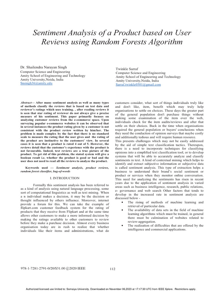 Sentiment Analysis of A Product Based On User Reviews Using Random Forests Algorithm | PDF ...