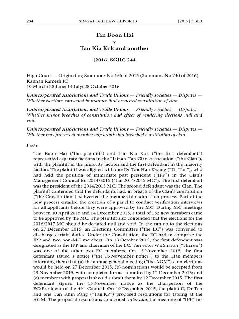 Tan Boon Hai v Tan Kia Kok: Clan Election Dispute | PDF | Breach Of ...