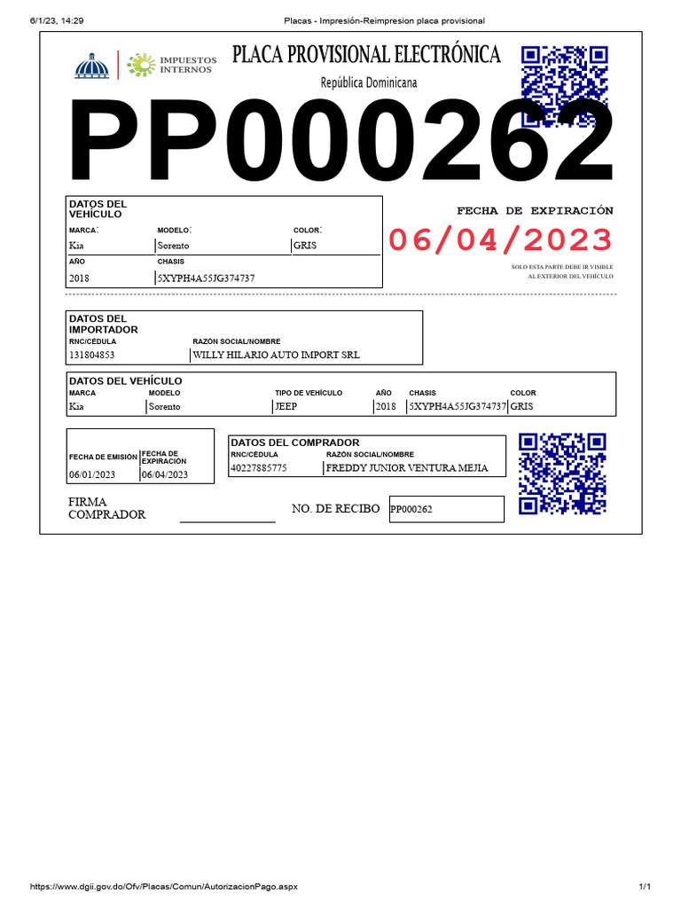 OFV - Impresión-Reimpresion Placa Provisional (Placa - PP000262) VILLA ...
