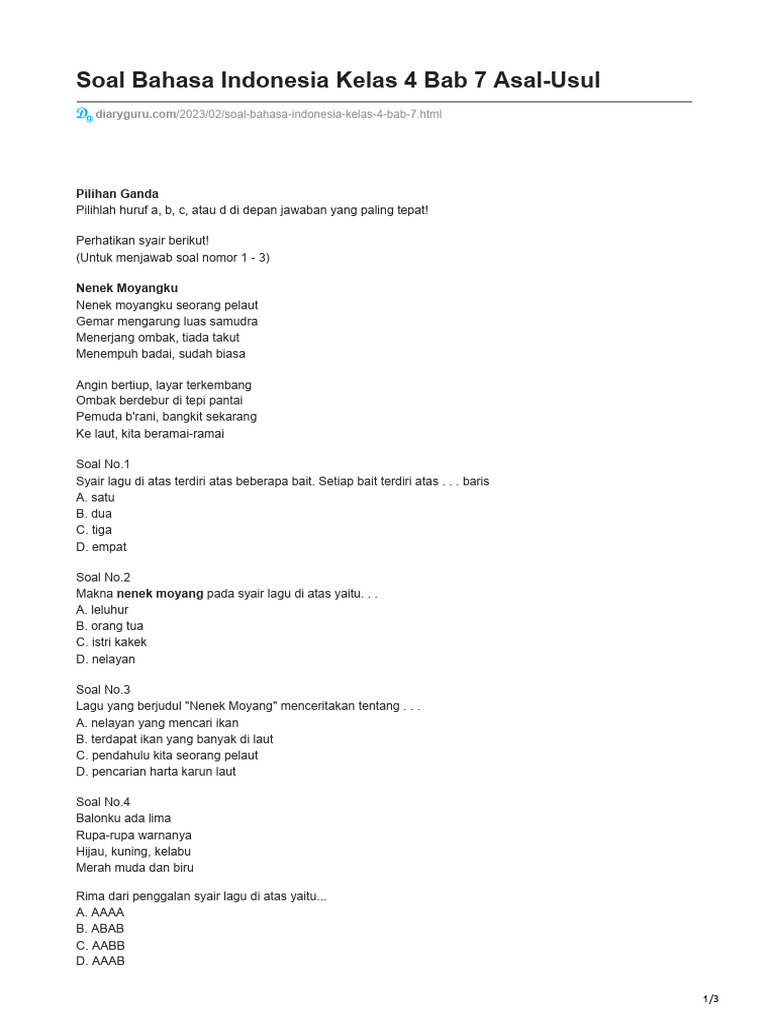 Soal Bahasa Indonesia Kelas 4 Bab 7 Asal-Usul | PDF