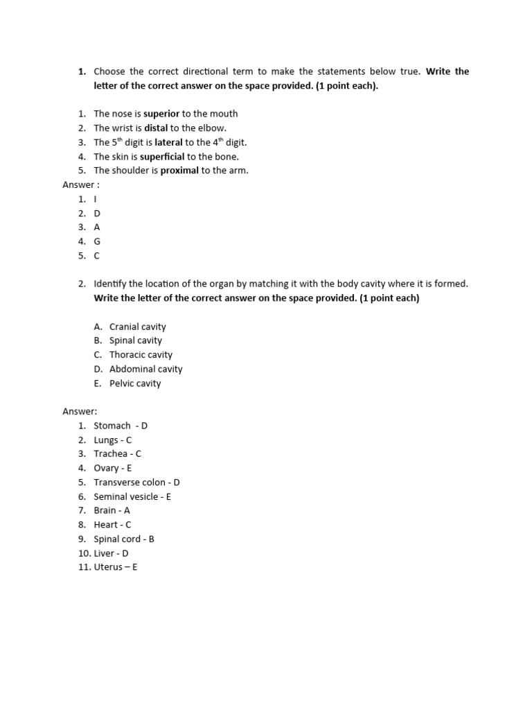 Choose The Correct Directional Term To Make The Statements Below True ...