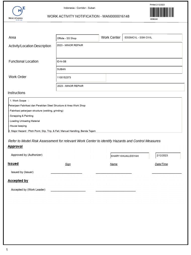 Work Activity Notification - Wan0000016148 | PDF | Safety