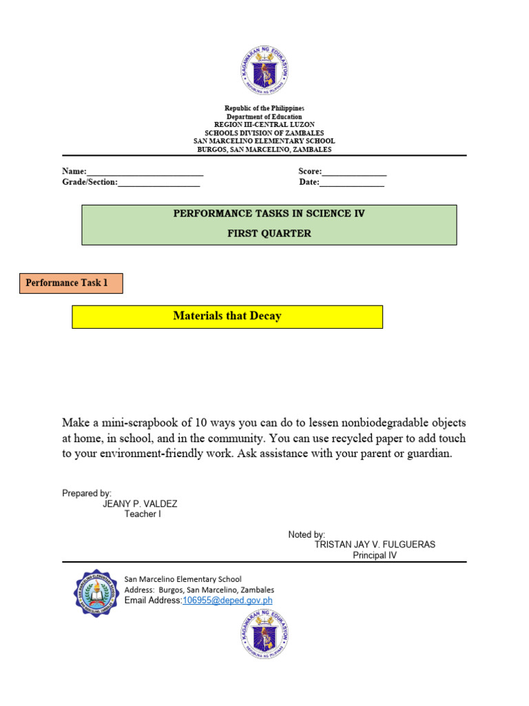 Science IV - Performance Task | PDF
