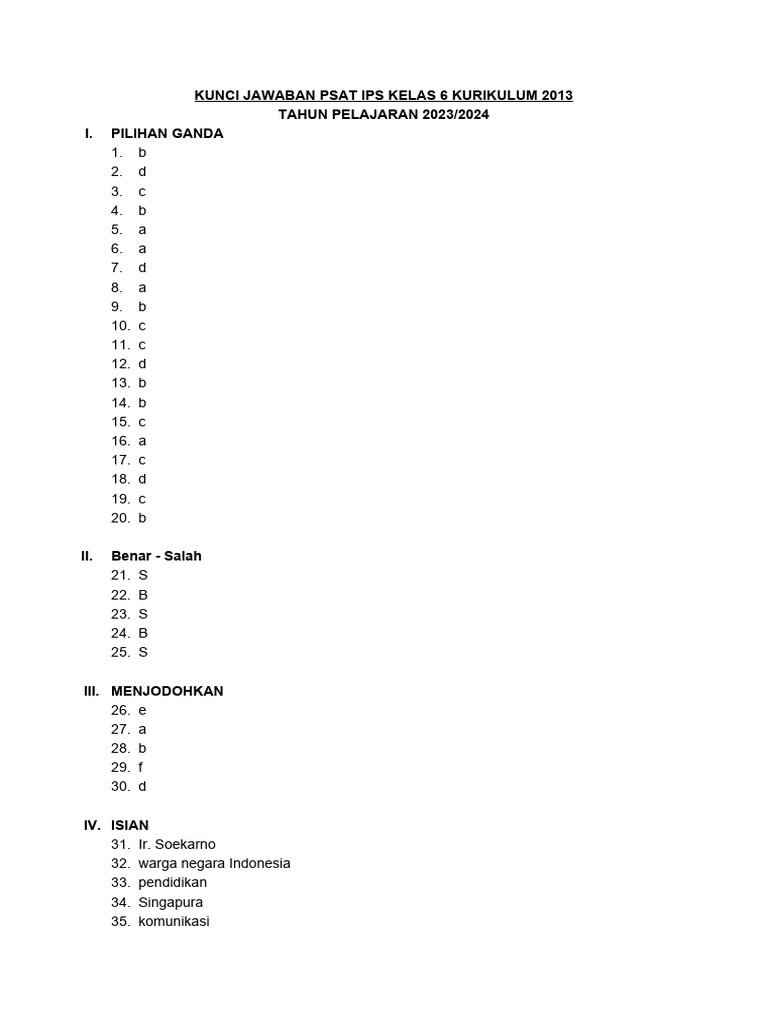 6-KUNCI JAWABAN PSAT IPS Kelas 6 - KUr 2013-TP 2023-2024 | PDF | Perjalanan