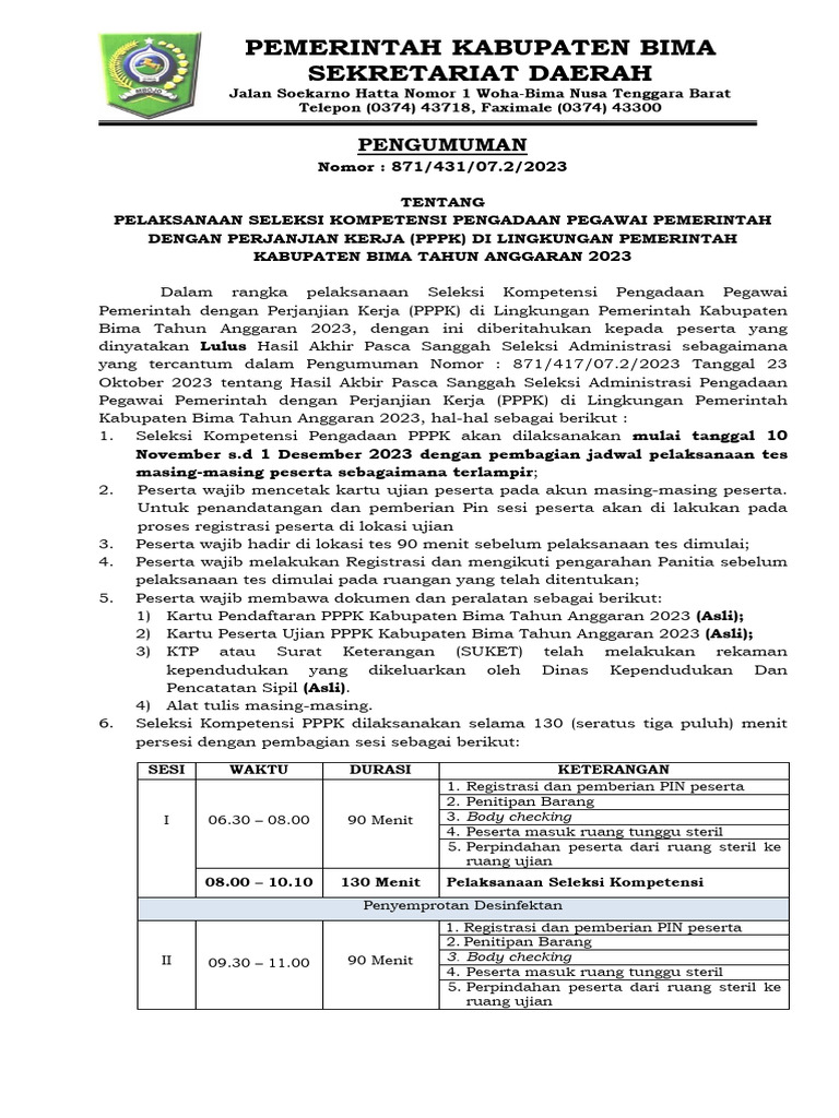 Pemerintah Kabupaten Bima Sekretariat Daerah: Pengumuman | PDF