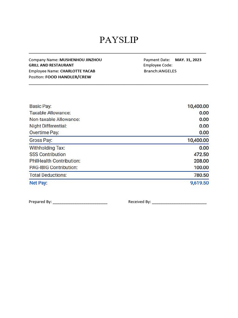 Charter Canteen Payslip Charlotte Yacab | PDF