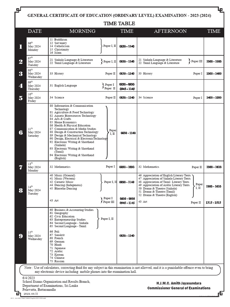 OL Time Table English 2024 - WWW - Gazette.lk | PDF