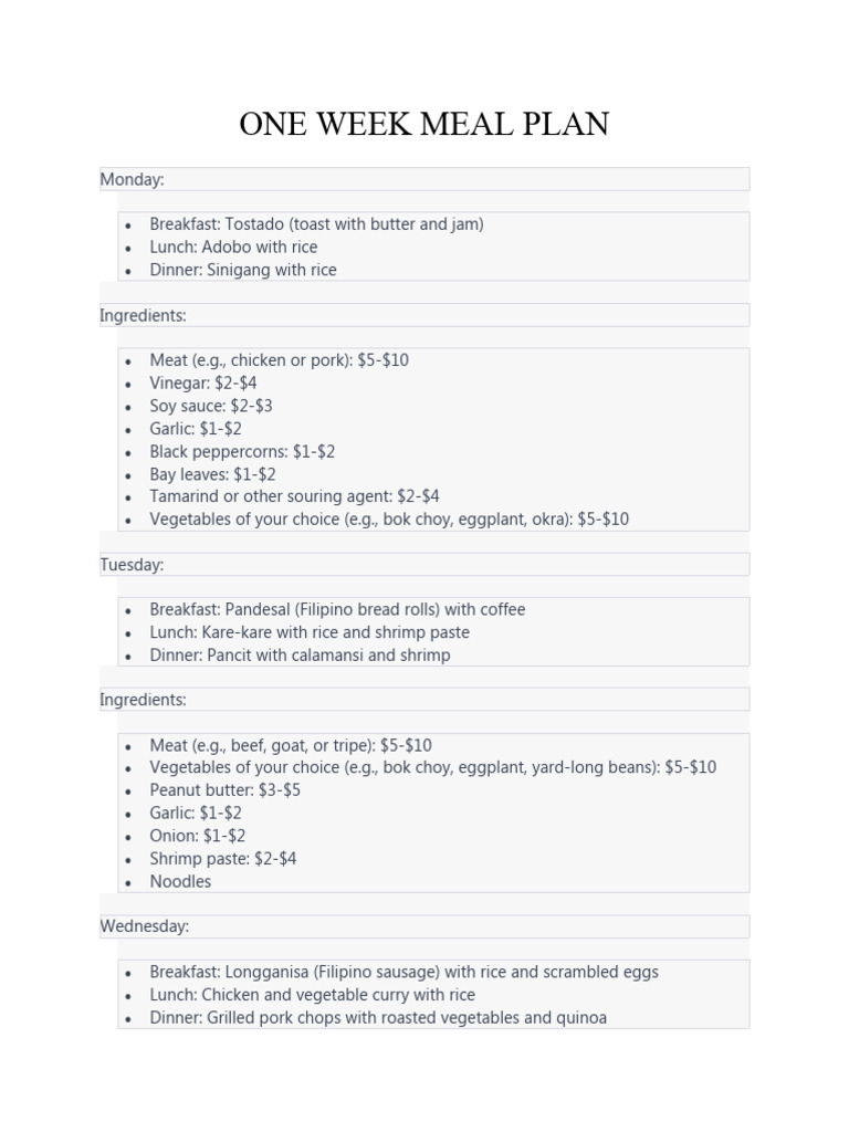 One Week Meal Plan | PDF | Sauce | Foods