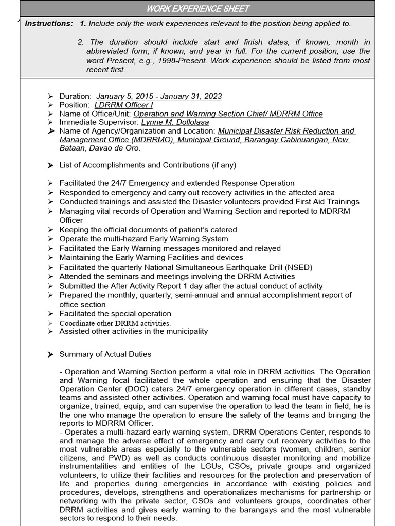 CSC Work Experience Sheet Sample | PDF | Emergency | Public Safety