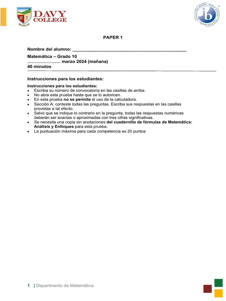 G10 - Ig - Paper 1 | PDF | Matemáticas