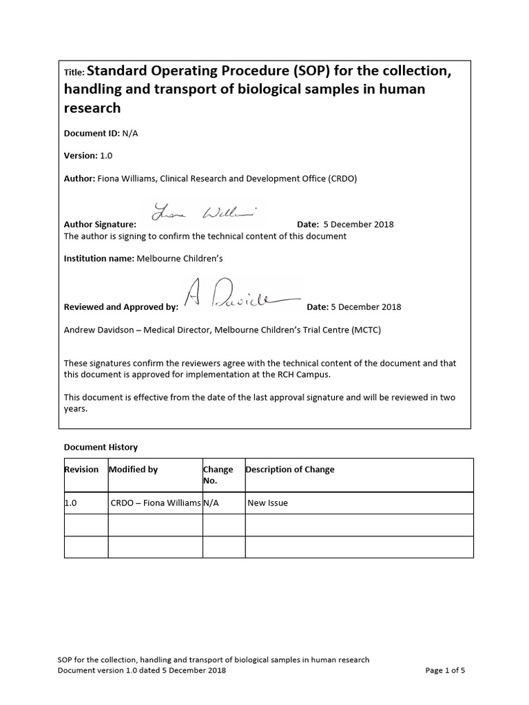 Sop Sample Collection Handling Transport 2018-12-05 | PDF