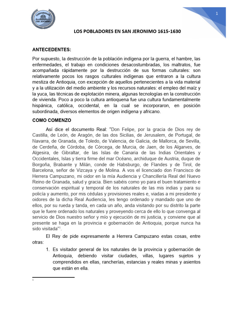 LOS POBLADORES EN SAN JERONIMO 1615-1630 | PDF | Antiguas colonias españolas | Colonización ...