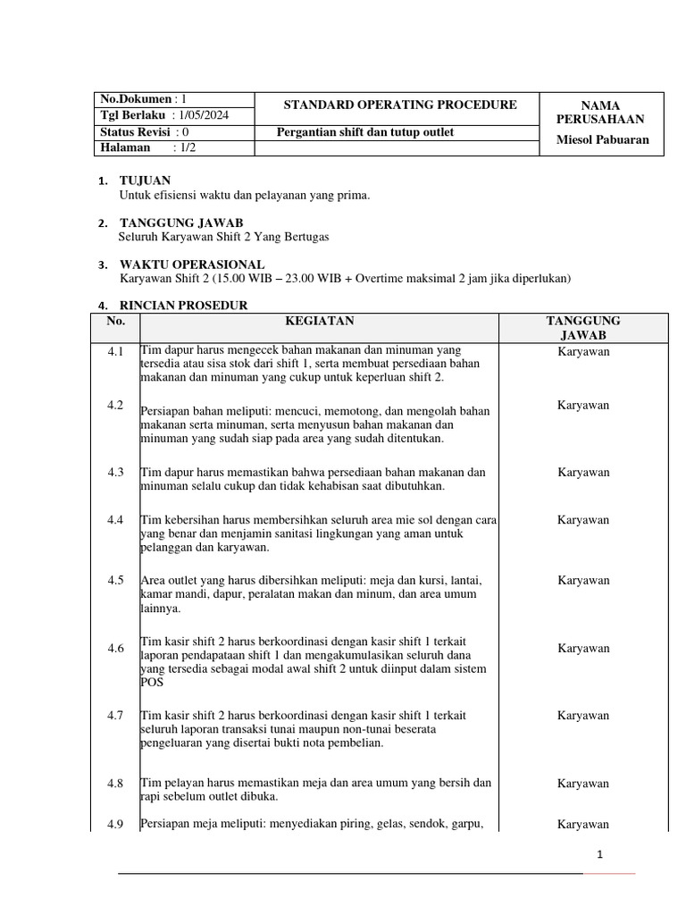 SOP Teknis Pergantian Shift Dan Tutup Outlet Misol | PDF