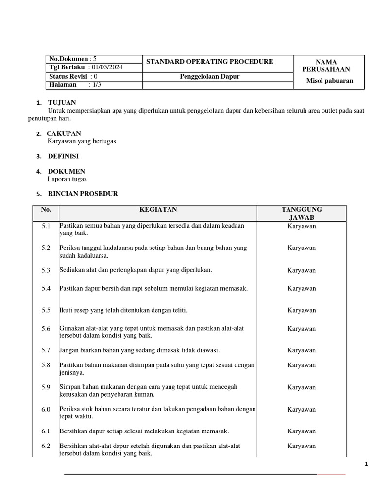 SOP Penggelolaan Dapur | PDF
