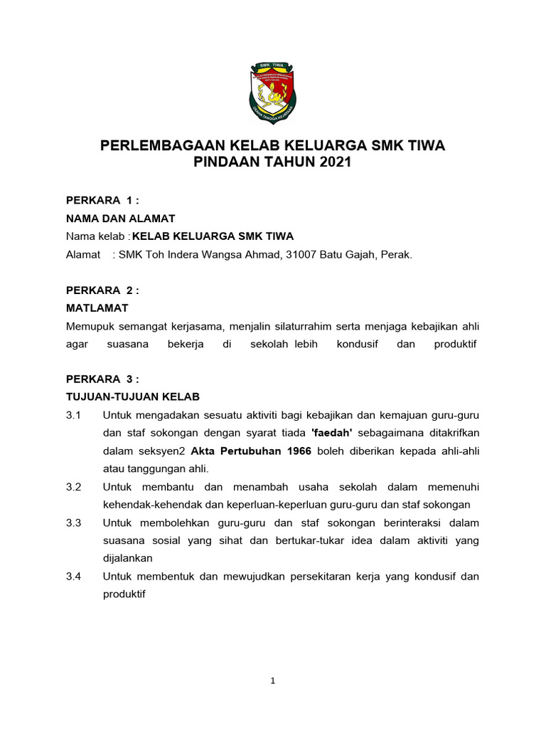 Perlembagaan Kelab Keluarga Smktiwa 2021 | PDF