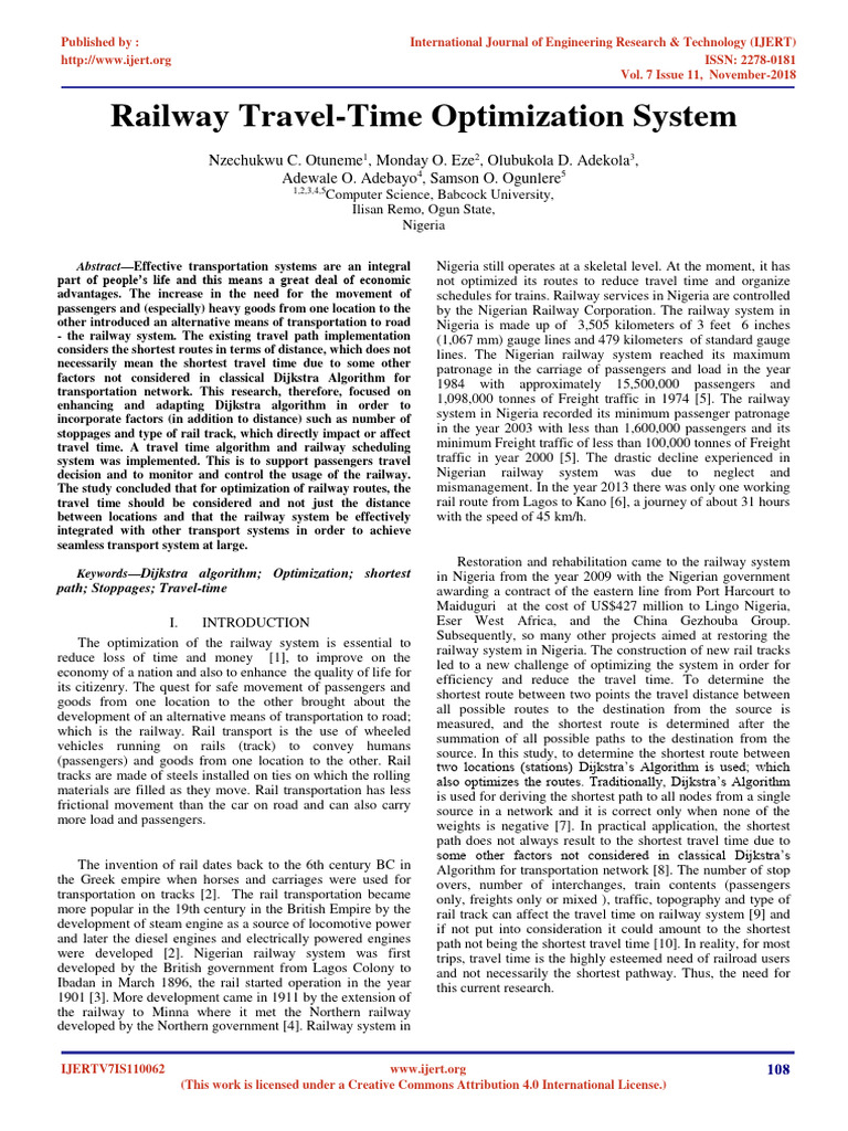 Railway Travel Time Optimization System Pdf Applied Mathematics Computational Complexity