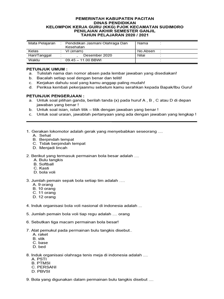 Pas Pjok Kelas 6 Tahun 2021 | PDF
