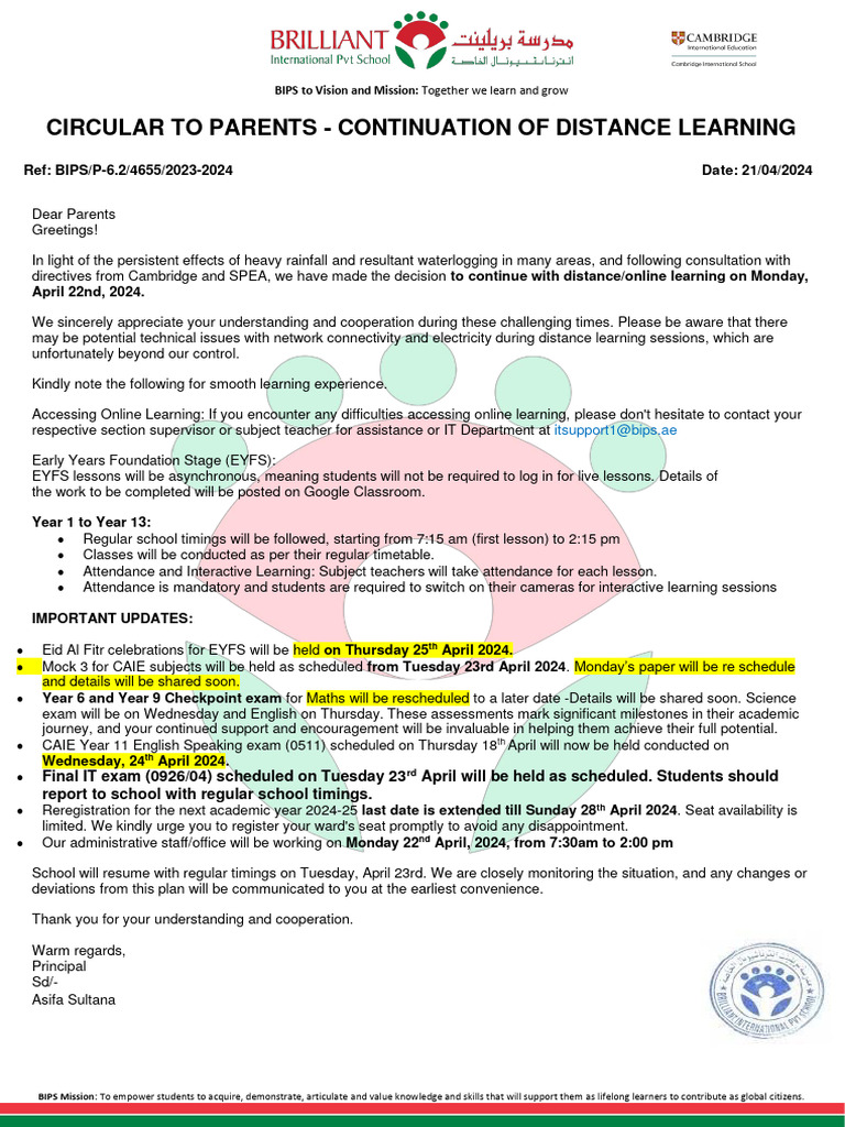 Circular To Parents - Continuation of Distance Learning: BIPS To Vision ...