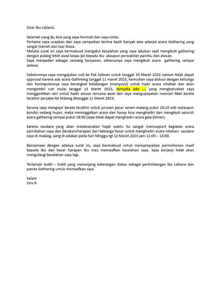 Surat Permohonan Maaf Oris | PDF