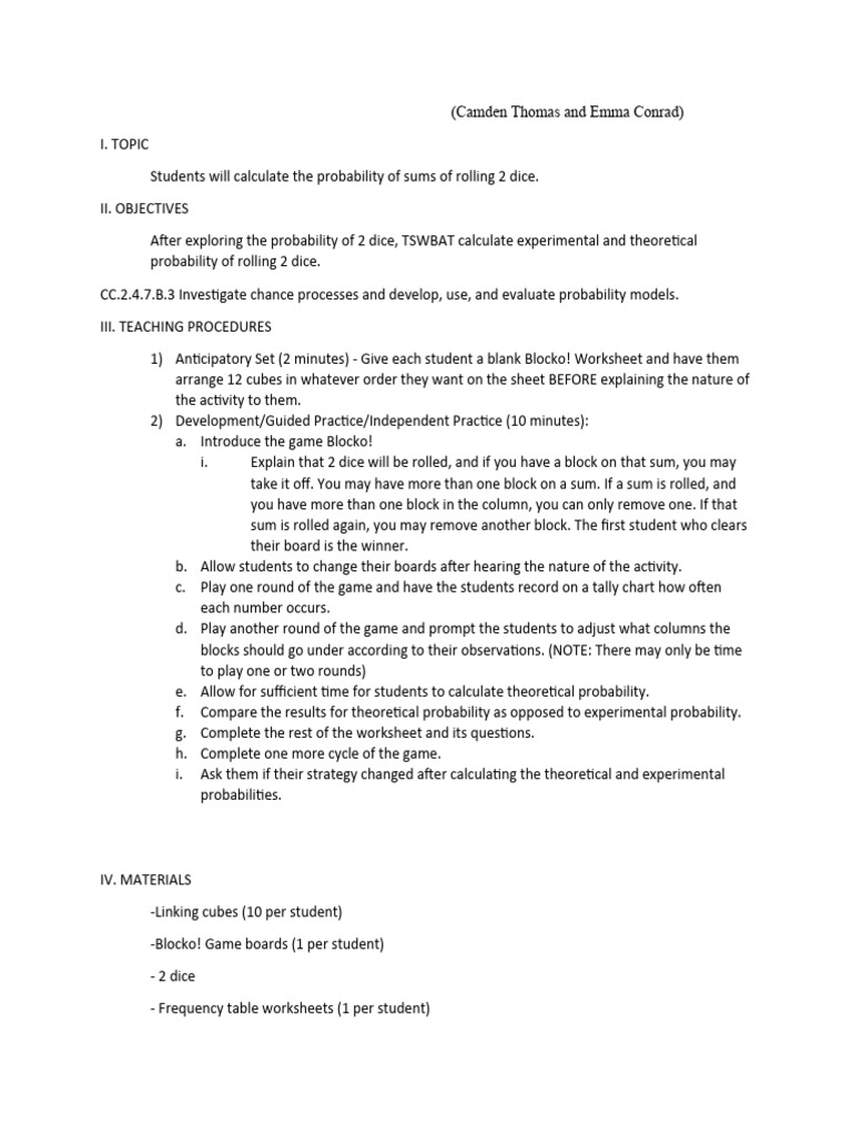 Math Methods Manipulative Lesson Plan | PDF | Probability | Science